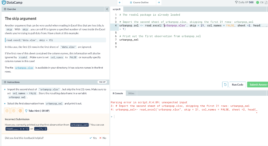 Solved Datacamp 1 E Course Outline Daily Xp 500 00 B