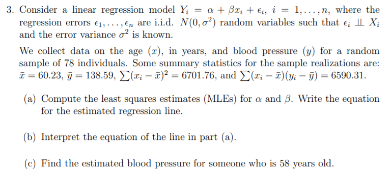 Solved 3. Consider a linear regression model Y; = a + Bxi + | Chegg.com