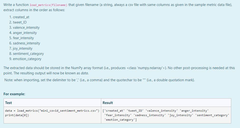 Solved Write a function load_metrics(filename) that given | Chegg.com