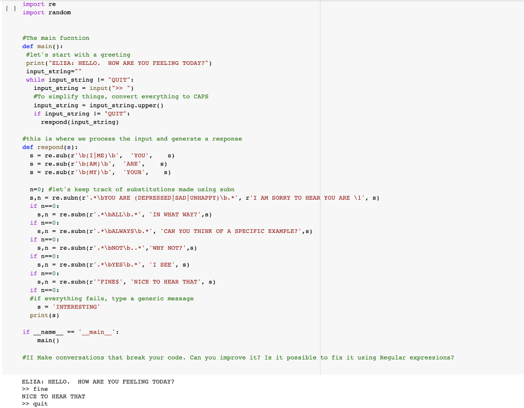 Class Project 1: ELIZA In this project, we will | Chegg.com