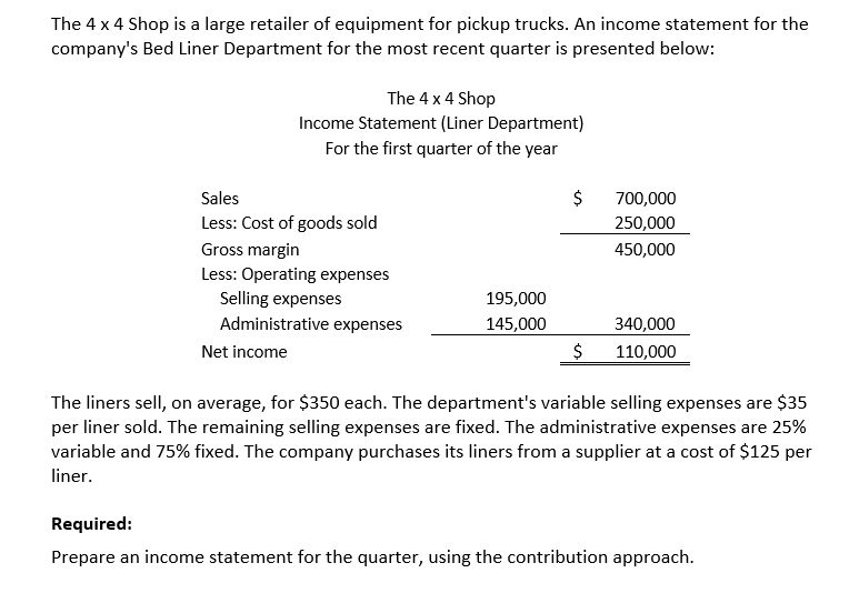 Solved The 4×4 Shop is a large retailer of equipment for | Chegg.com