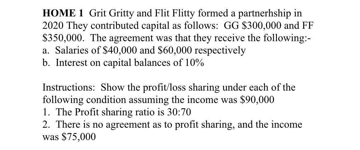Solved HOME 1 Grit Gritty and Flit Flitty formed a | Chegg.com