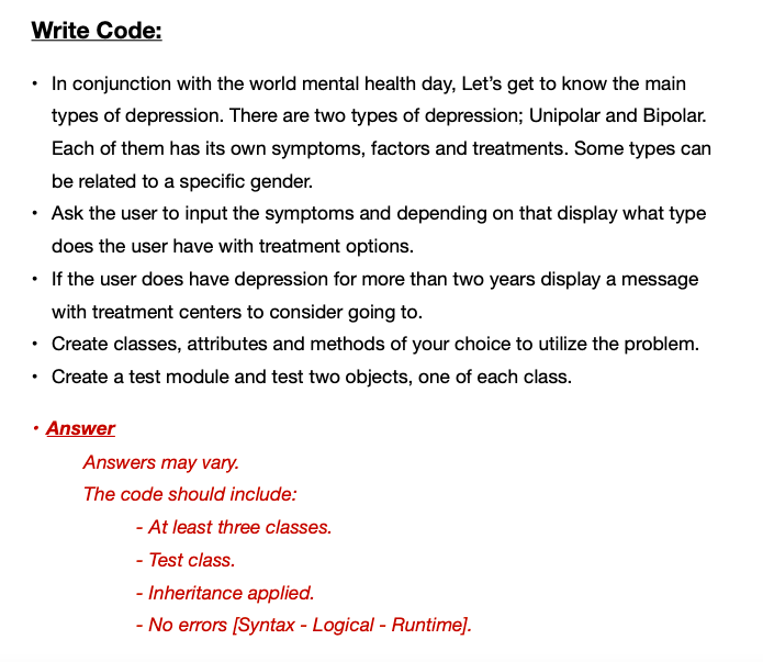 Solved Write Code: - In conjunction with the world mental | Chegg.com