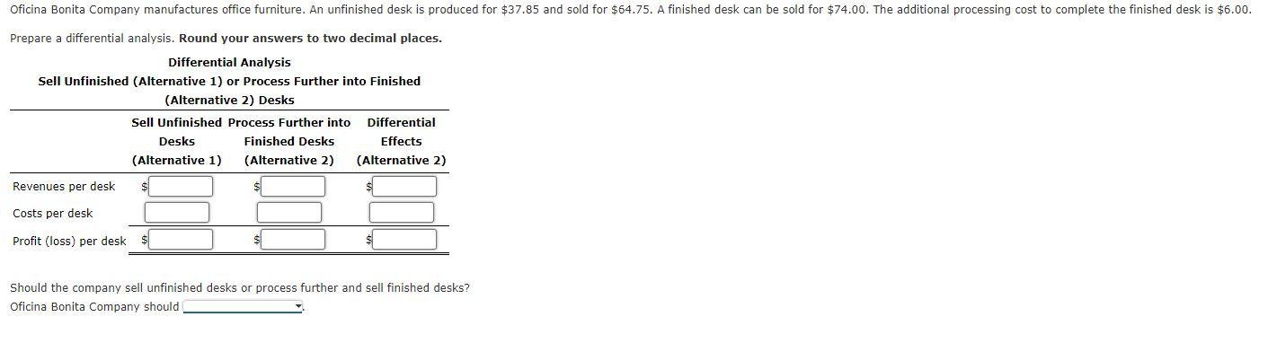 Solved Should the company sell unfinished desks or process | Chegg.com