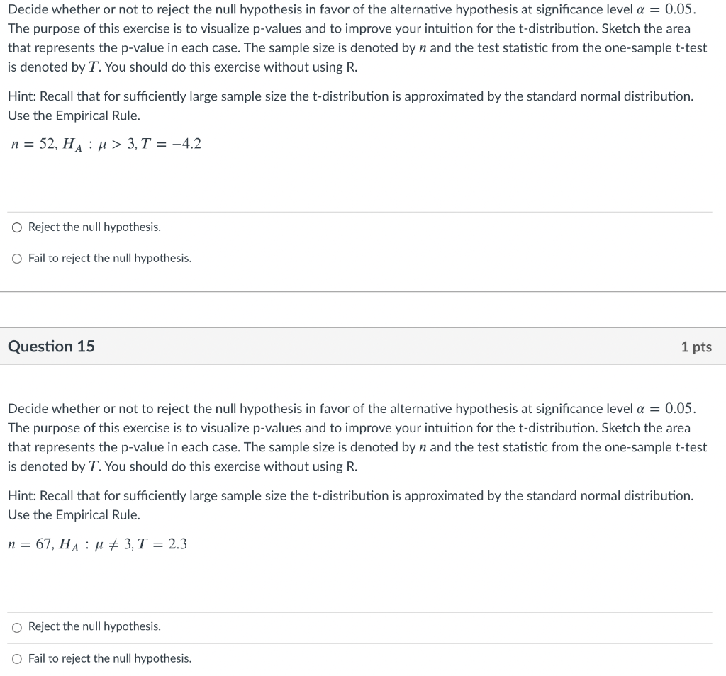 Solved Decide whether or not to reject the null hypothesis | Chegg.com