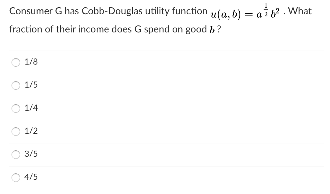 Solved Consumer G has Cobb-Douglas utility function u(a, b) | Chegg.com
