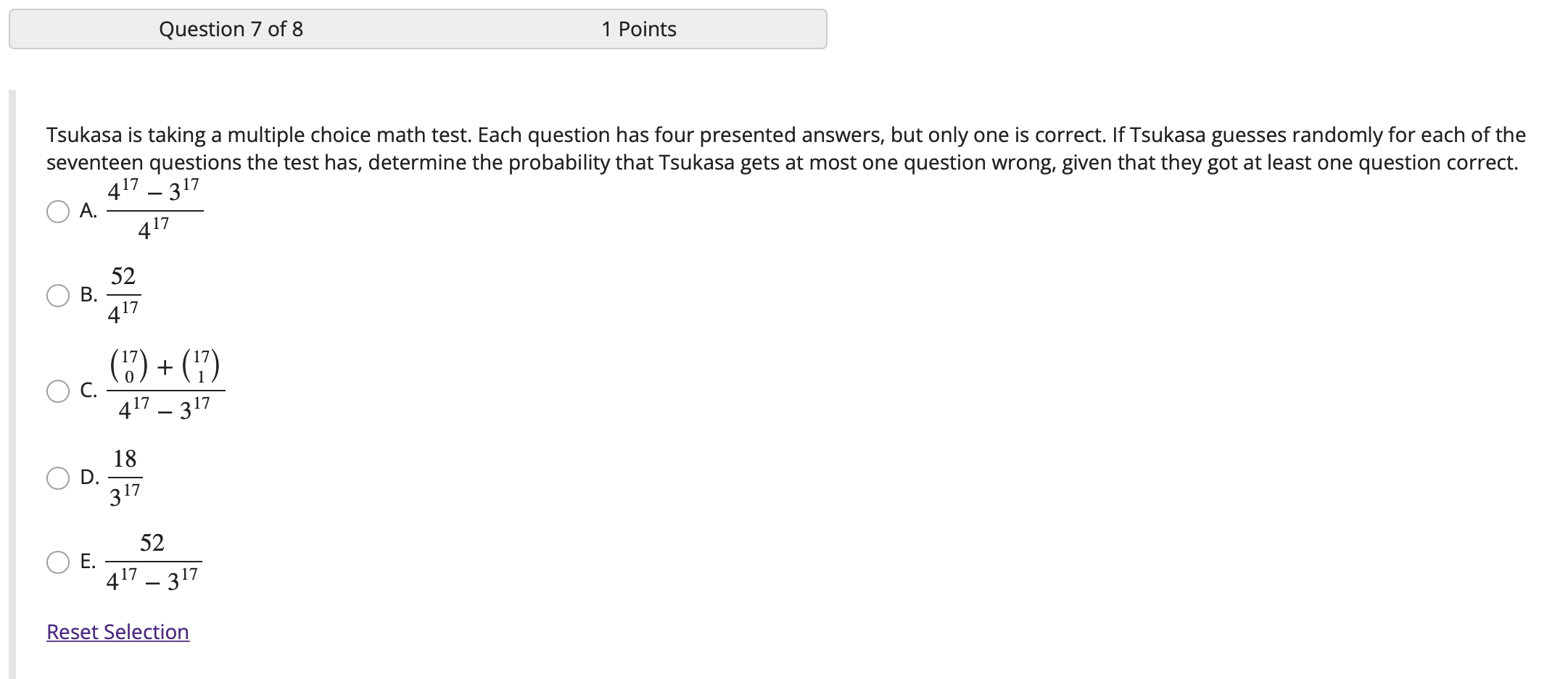 Solved Tsukasa is taking a multiple choice math test. Each | Chegg.com