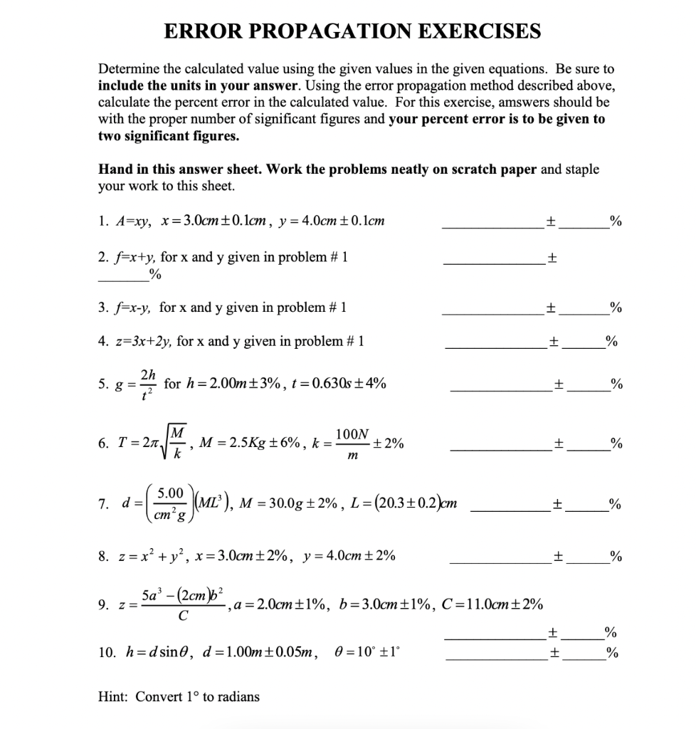 Solved ERROR PROPAGATION EXERCISES Determine the calculated | Chegg.com