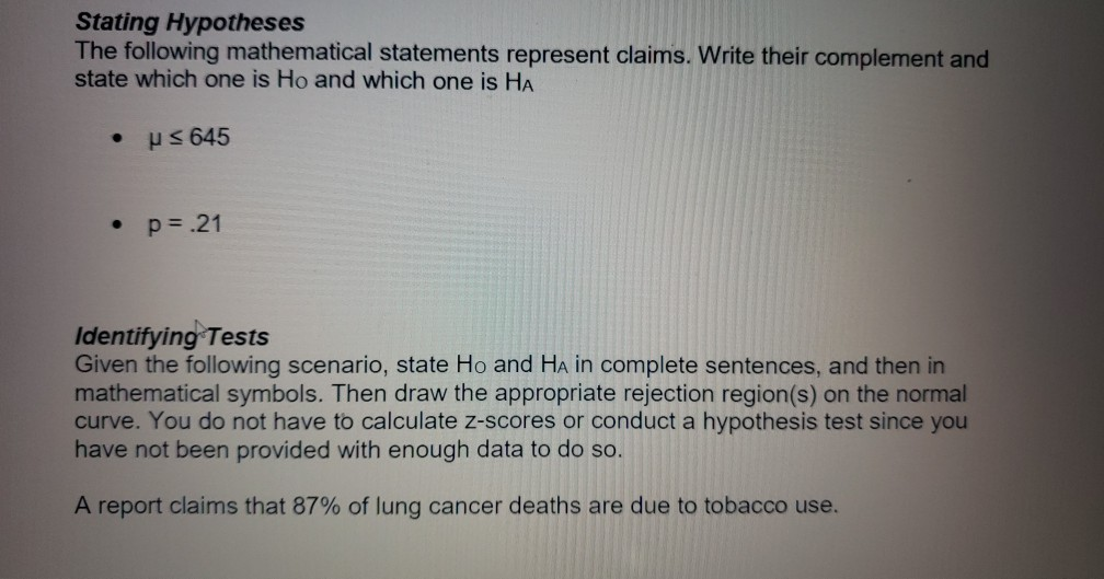 Solved Stating Hypotheses The following mathematical | Chegg.com