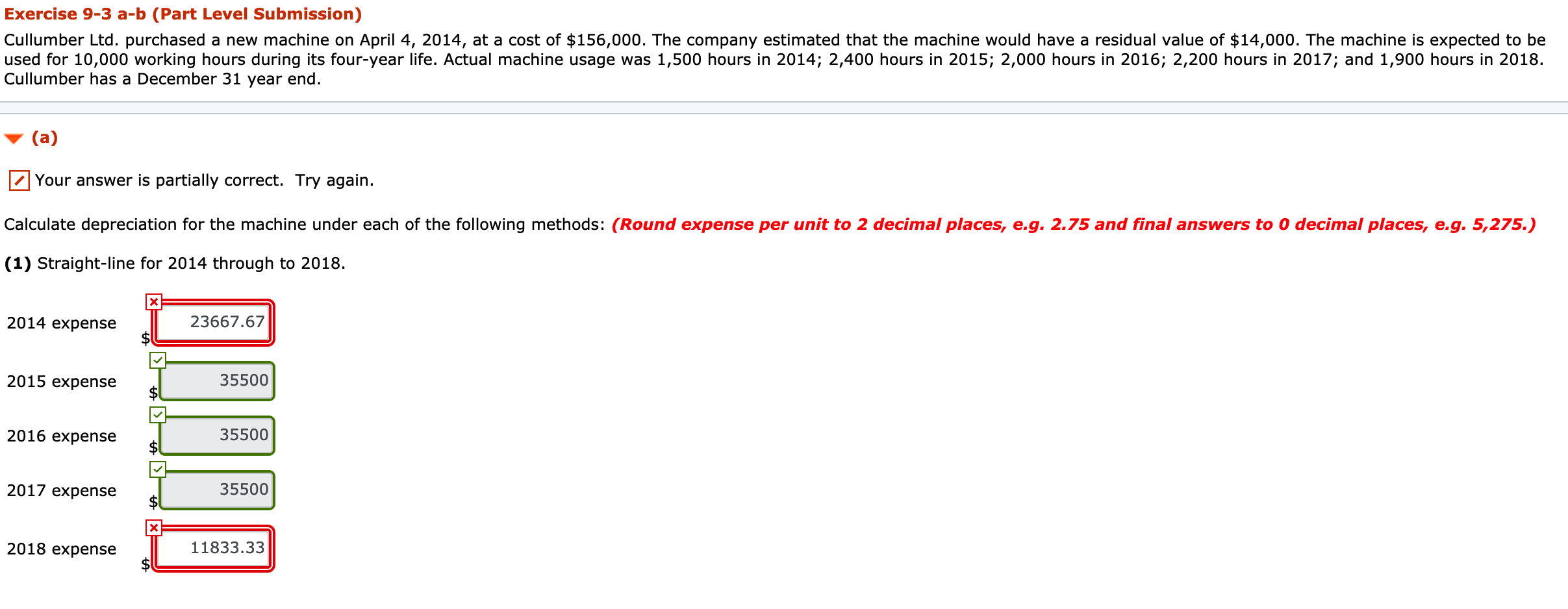 Solved Exercise 9-3 a-b (Part Level Submission) Cullumber | Chegg.com