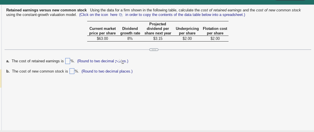 Solved Retained earnings versus new common stock Using the | Chegg.com