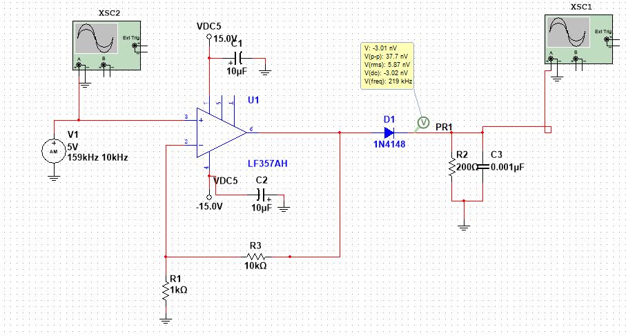 Solved This is my circuit on multisim for an amplitude | Chegg.com