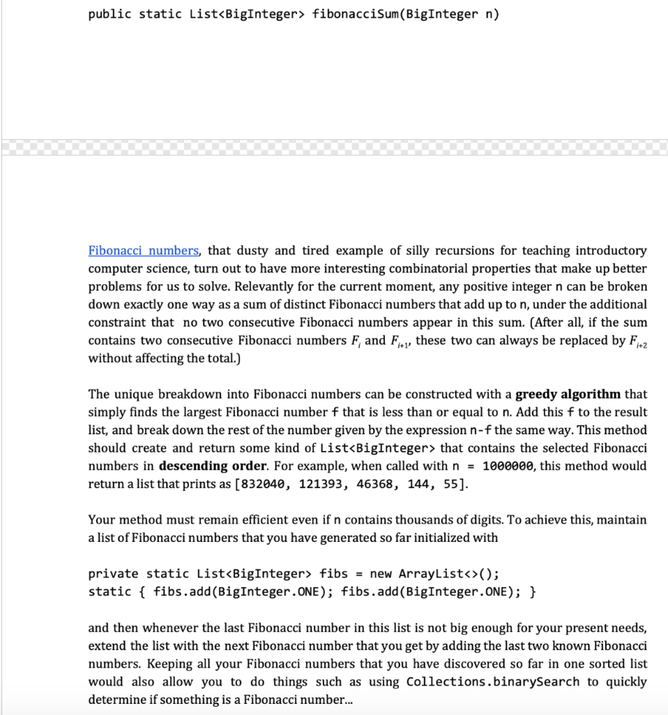 Solved public static List fibonacci Sum(BigInteger n) | Chegg.com