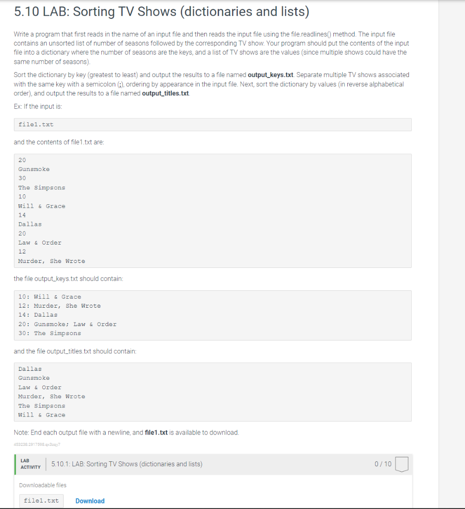 Solved 5.10 LAB: Sorting TV Shows (dictionaries and lists) | Chegg.com