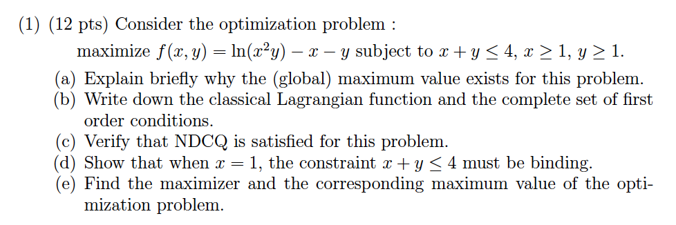 Solved (1) (12 pts) Consider the optimization problem : | Chegg.com