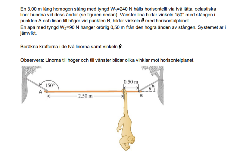 Solved En 3,00 ﻿m lång homogen stång med tyngd W1=240N | Chegg.com