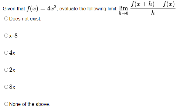 Solved Given that f(x)=4x2, evaluate the following limit: | Chegg.com