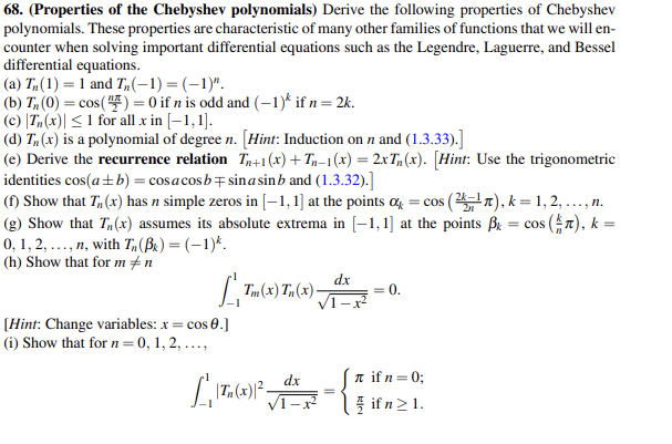 Solved 68. (Properties of the Chebyshev polynomials) Derive | Chegg.com