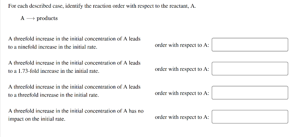 Solved For each described case, identify the reaction order | Chegg.com