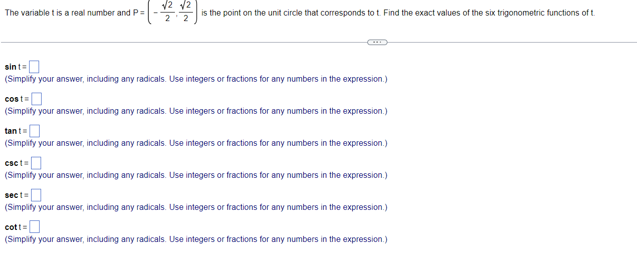 Solved The variable t is a real number and P=(−22,22) is the | Chegg.com