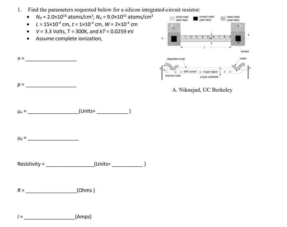 Solved 1. Find the parameters requested below for a silicon | Chegg.com