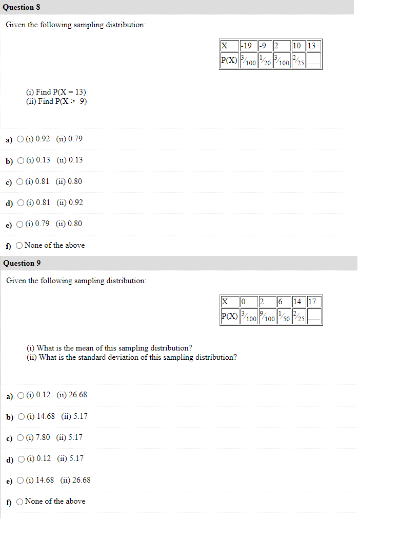 Solved Question 8 Given the following sampling distribution: | Chegg.com