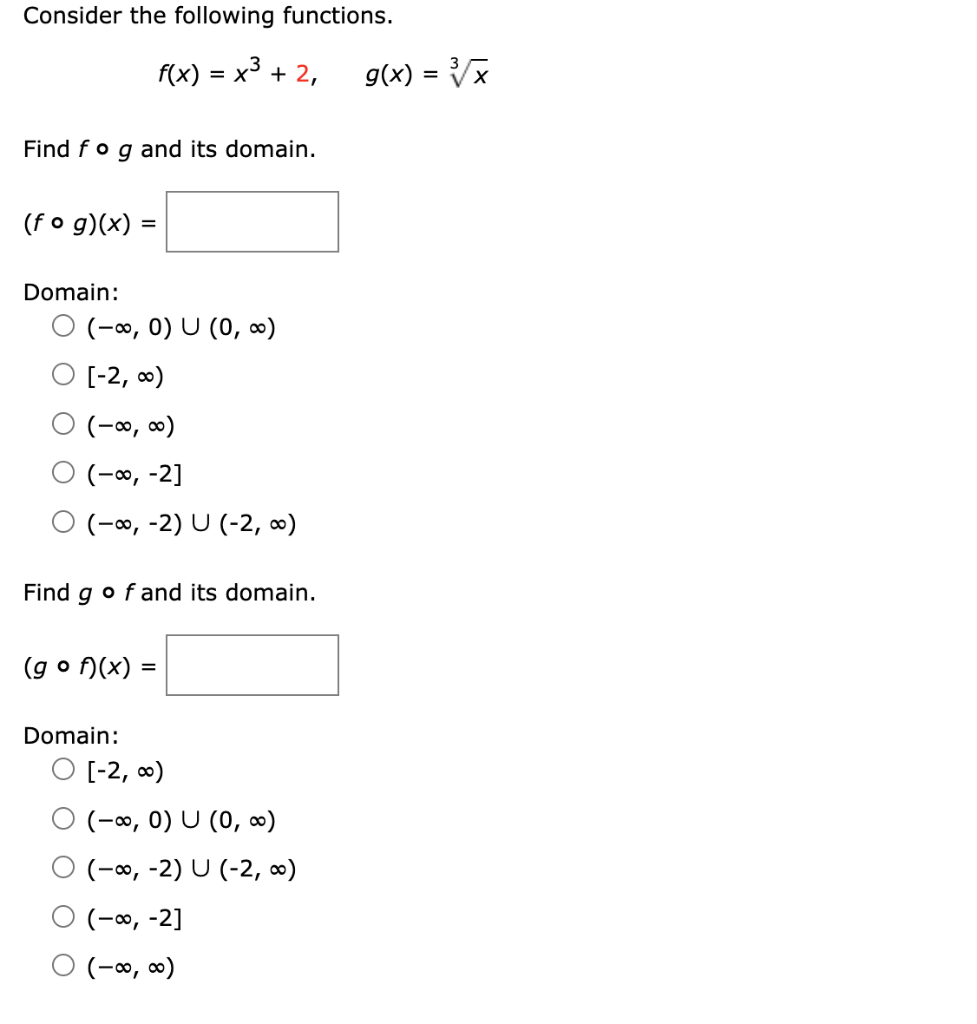Solved Consider the following functions. f(x)=x3+2,g(x)=3x | Chegg.com