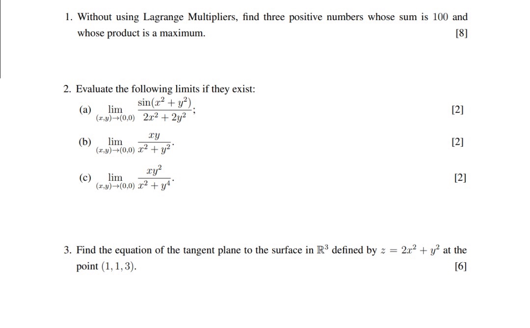Solved 1. Without using Lagrange Multipliers, find three | Chegg.com