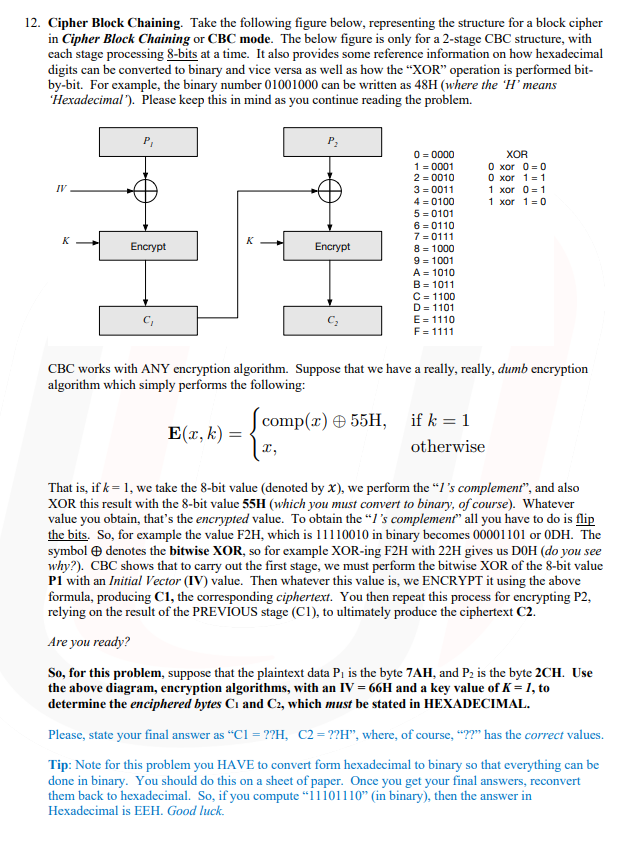 Solved 12. Cipher Block Chaining. Take the following figure | Chegg.com