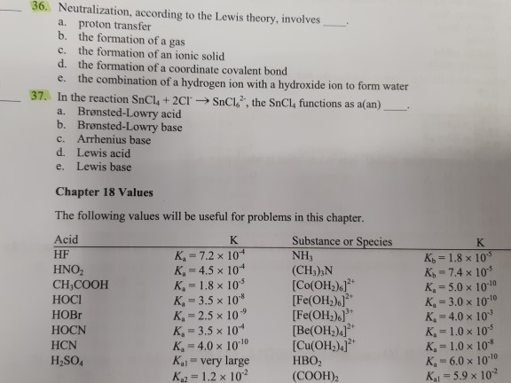 Solved 36. Neutralization, according to the Lewis theory, | Chegg.com