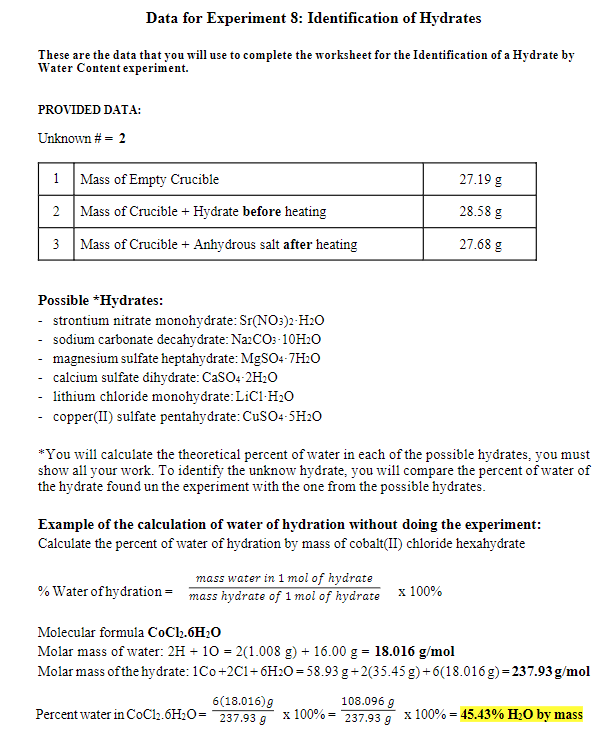 Solved Experiment 8: Identification of a Hydrate by Water | Chegg.com