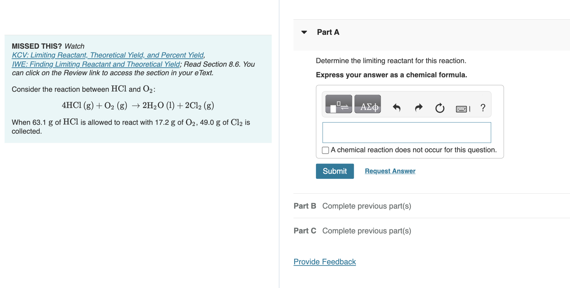 Solved MISSED THIS? WatchKCV: Limiting Reactant, Theoretical | Chegg.com
