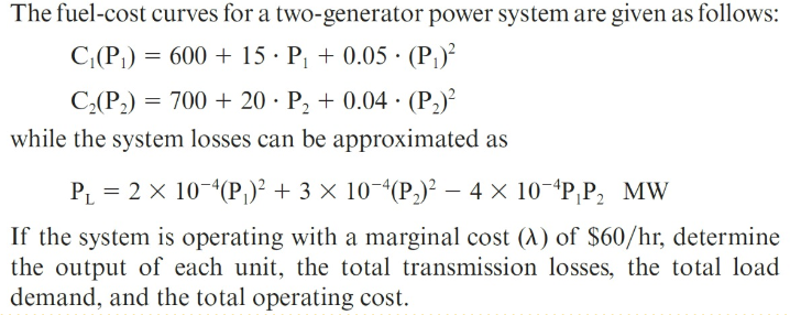 Solved The fuel-cost curves for a two-generator power system | Chegg.com