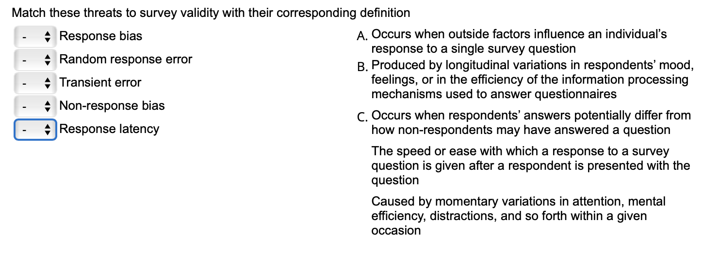 Solved Match these threats to survey validity with their | Chegg.com