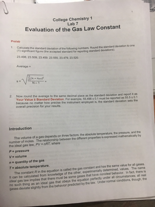 Solved College Chemistry1 Lab 7 Evaluation of the Gas Law | Chegg.com