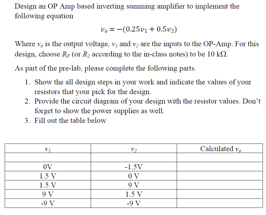 Solved Design an OP Amp based inverting summing amplifier to | Chegg.com