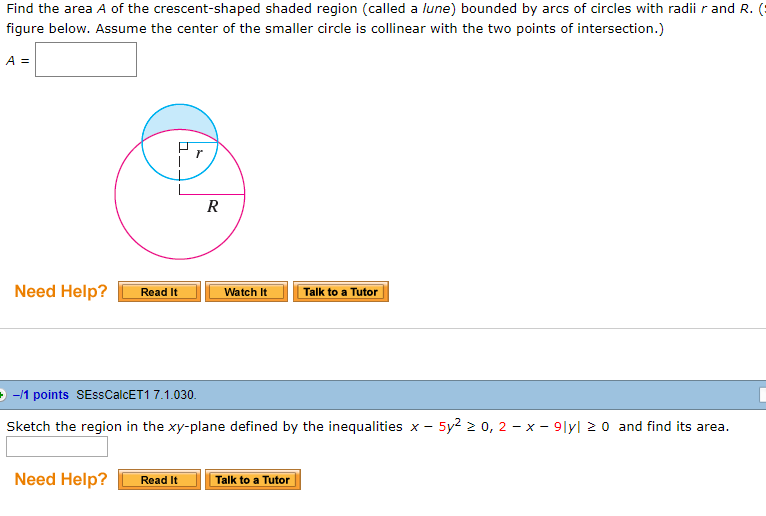 Solved Find the area A of the crescent-shaped shaded region | Chegg.com