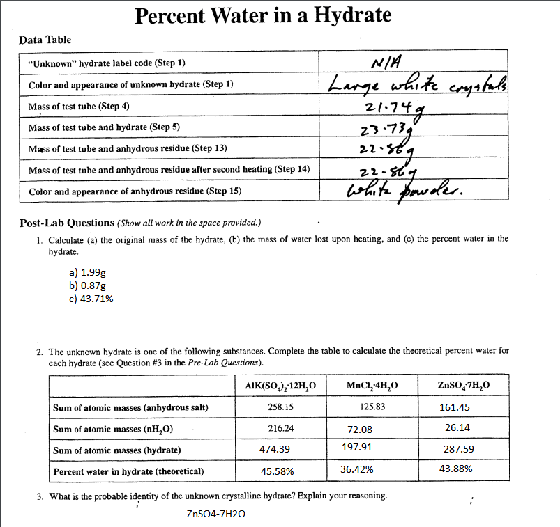 Solved 1 Calculate The Percent Error In The Percent Water Chegg