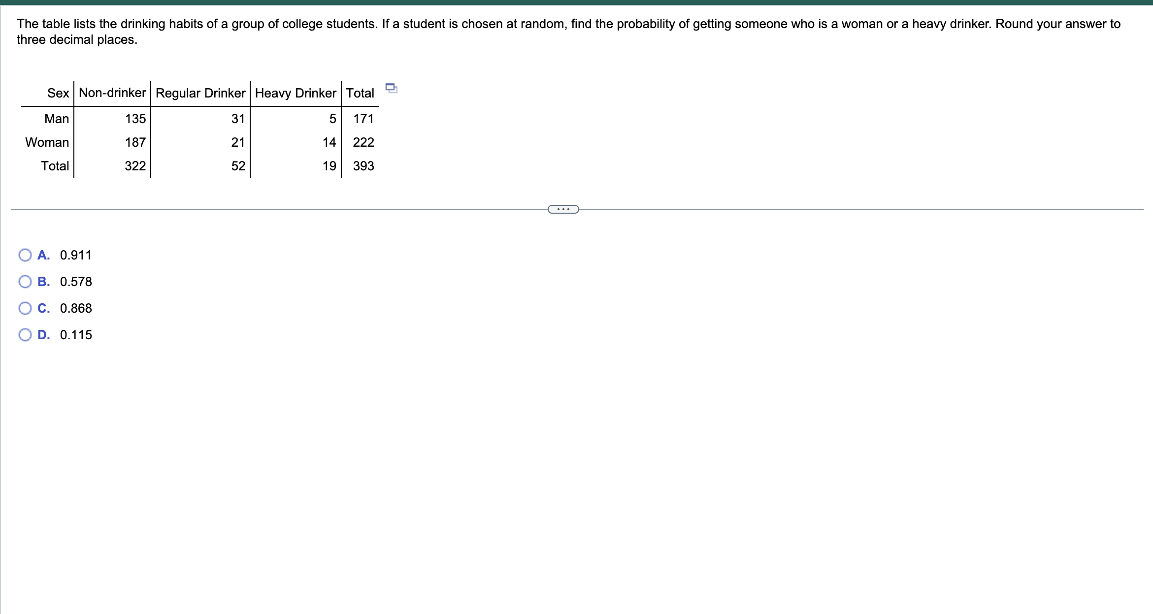 Solved Three Decimal Places Table[[sex Non Drinker Regular