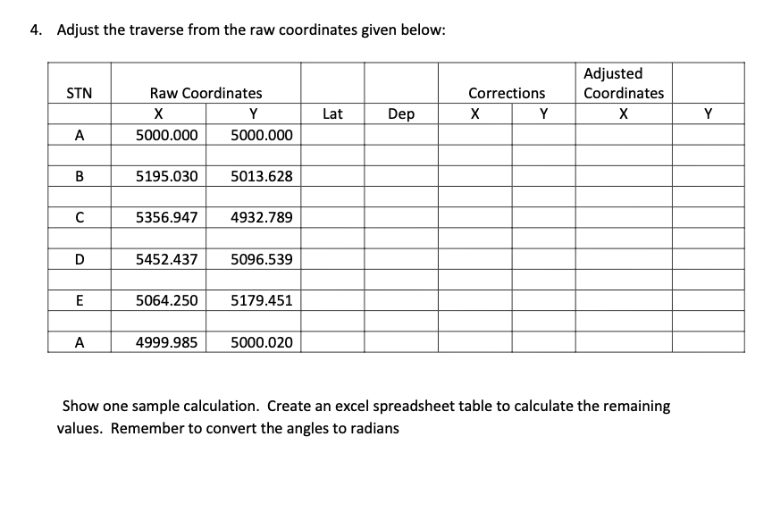 4. Adjust the traverse from the raw coordinates given | Chegg.com