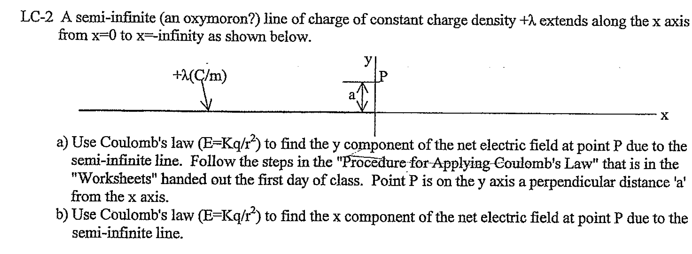 Solved C-2 A semi-infinite (an oxymoron?) line of charge of | Chegg.com