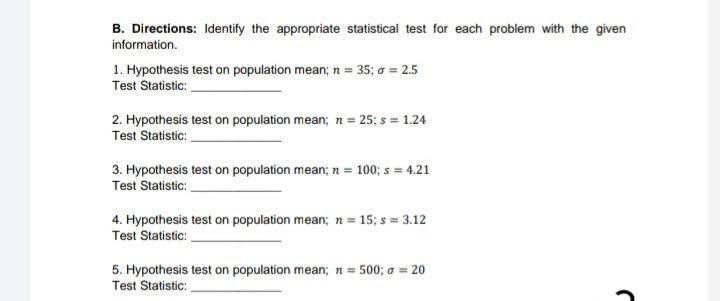 Solved B. Directions: Identify the appropriate statistical | Chegg.com