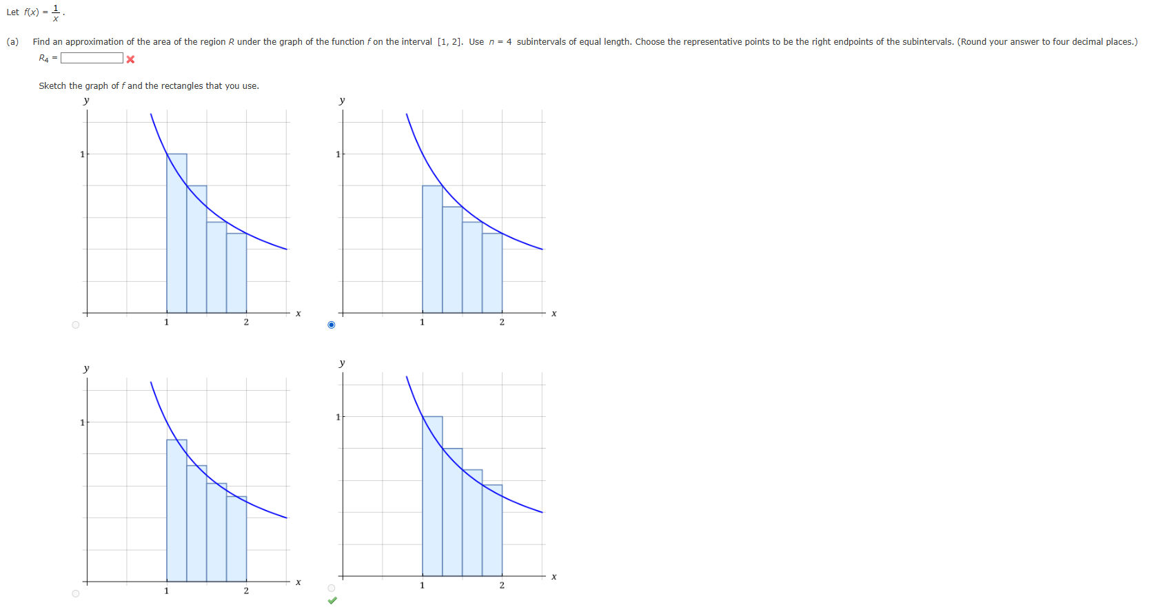 Solved Let f(x)=1xinterval [1, 2].Use n = 4 ﻿subintervals of | Chegg.com