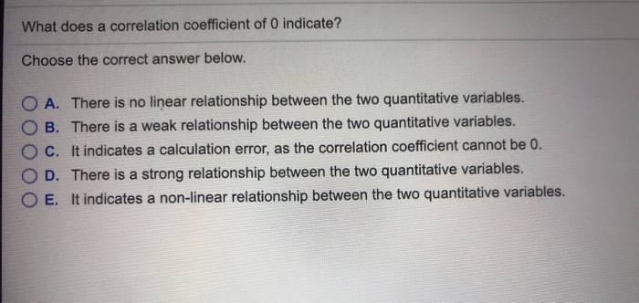 Solved What does a correlation coefficient of 0 indicate? | Chegg.com