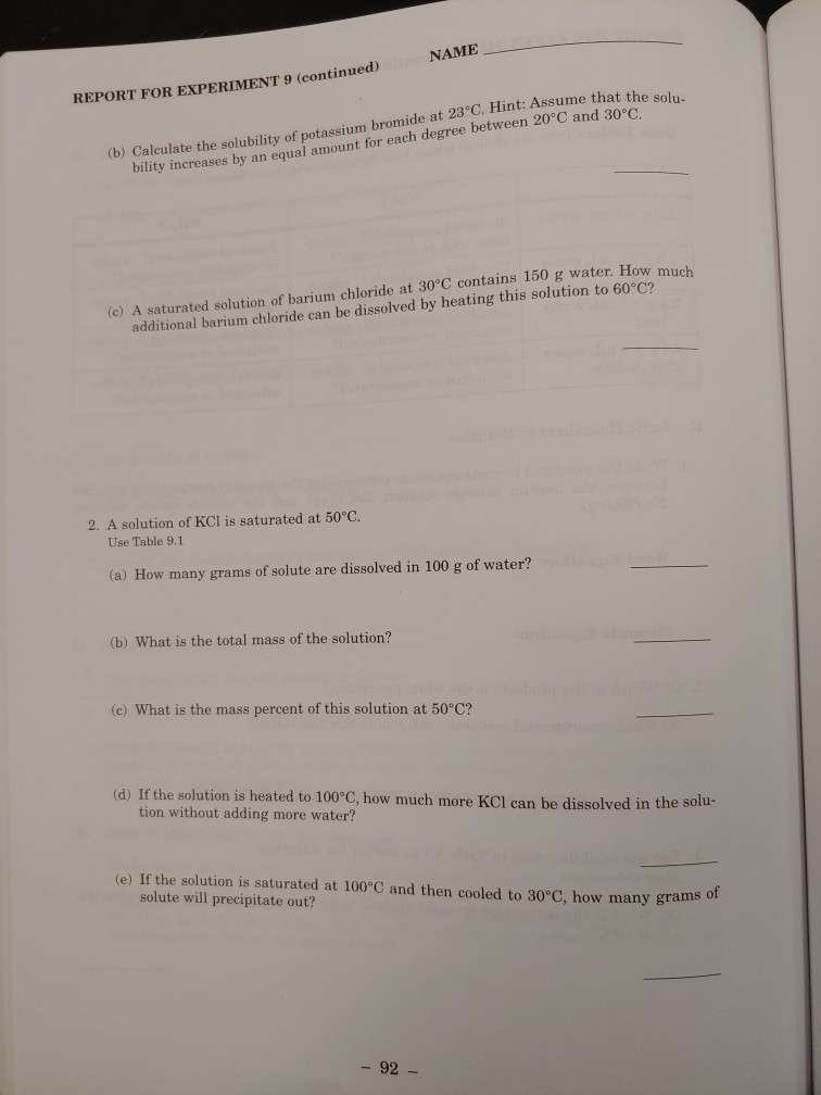 Solved REPORT FOR EXPERIMENT 9 (continued) NAME s Solubility | Chegg.com