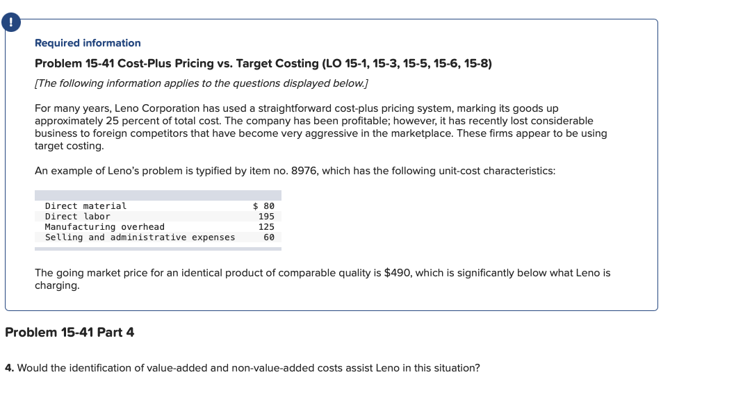 Solved Problem 15-41 Cost-Plus Pricing vs. Target Costing | Chegg.com