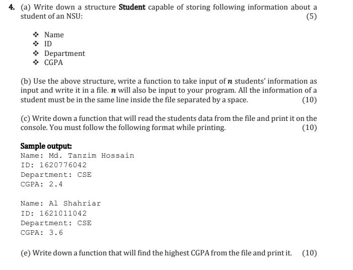 Solved 4. (a) Write down a structure Student capable of | Chegg.com