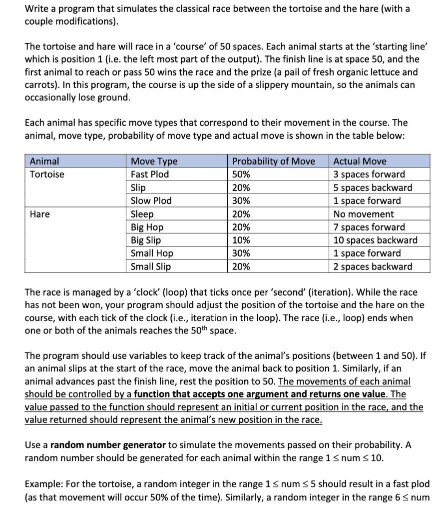Solved Write a program that simulates the classical race | Chegg.com