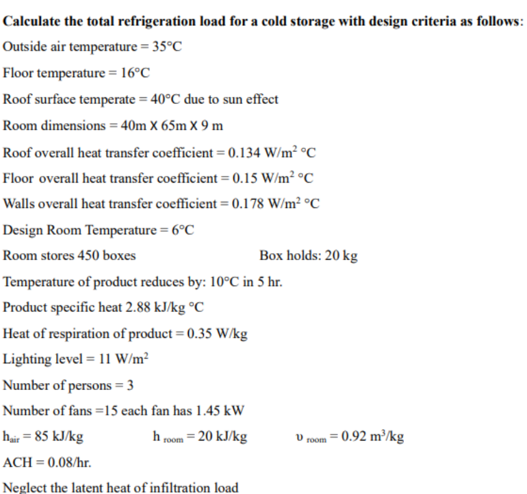 Solved Calculate the total refrigeration load for a cold | Chegg.com