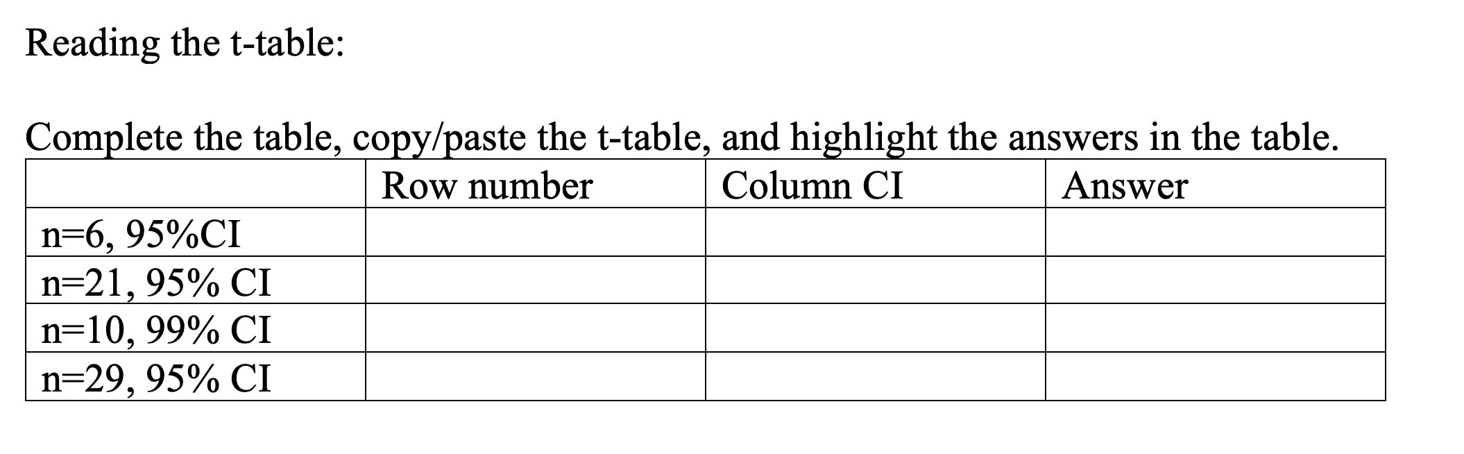 Solved Reading the t-table: Complete the table, copy/paste | Chegg.com